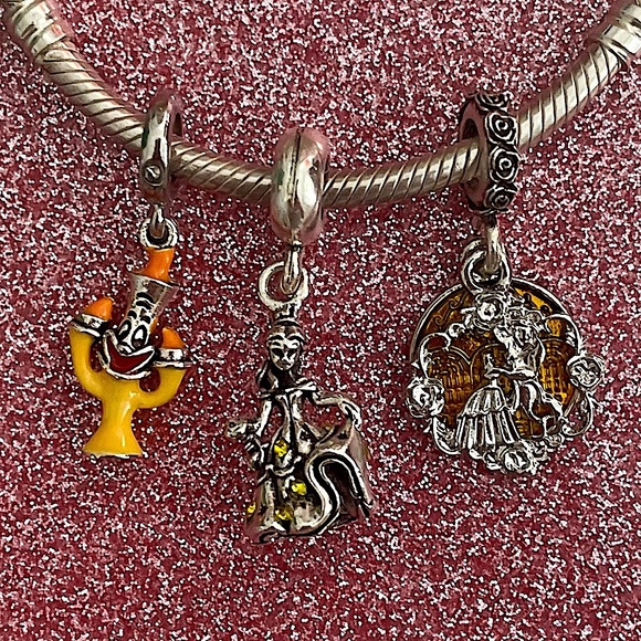 Pandora | Jewelry | 3 Disney Beauty And The Beast Themed Charms | Poshmark